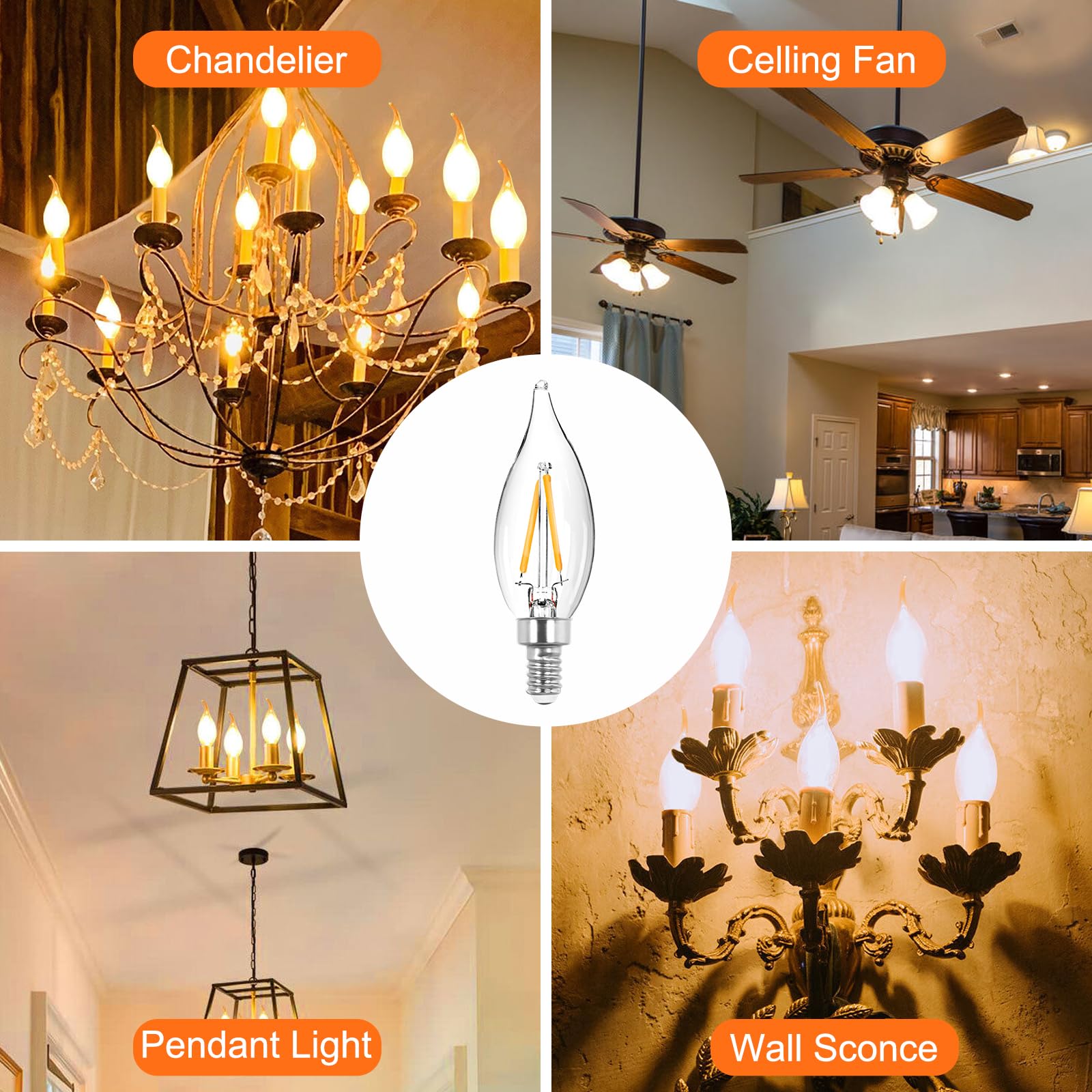 DGE 40 Watt Warm White Ceiling Fan Light Bulbs C32 Chandelier Light Bulbs Bright and Long Lasting 380 Lumen Bent Tip Light Bulb with E12 Candelabra Base, 12 Packs