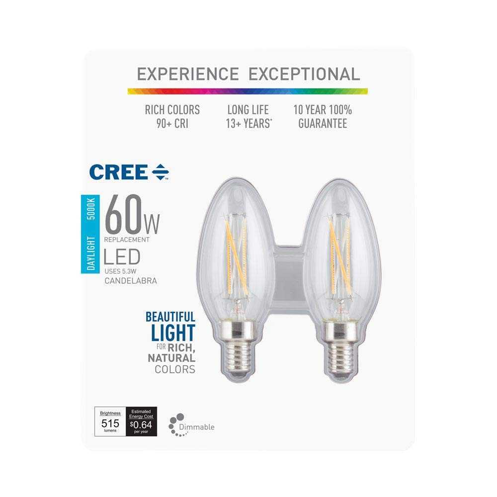 Cree 60W Equivalent Daylight (5000K) B11 Candelabra Exceptional Light Quality Dimmable E12 LED Light Bulb (2-Pack)