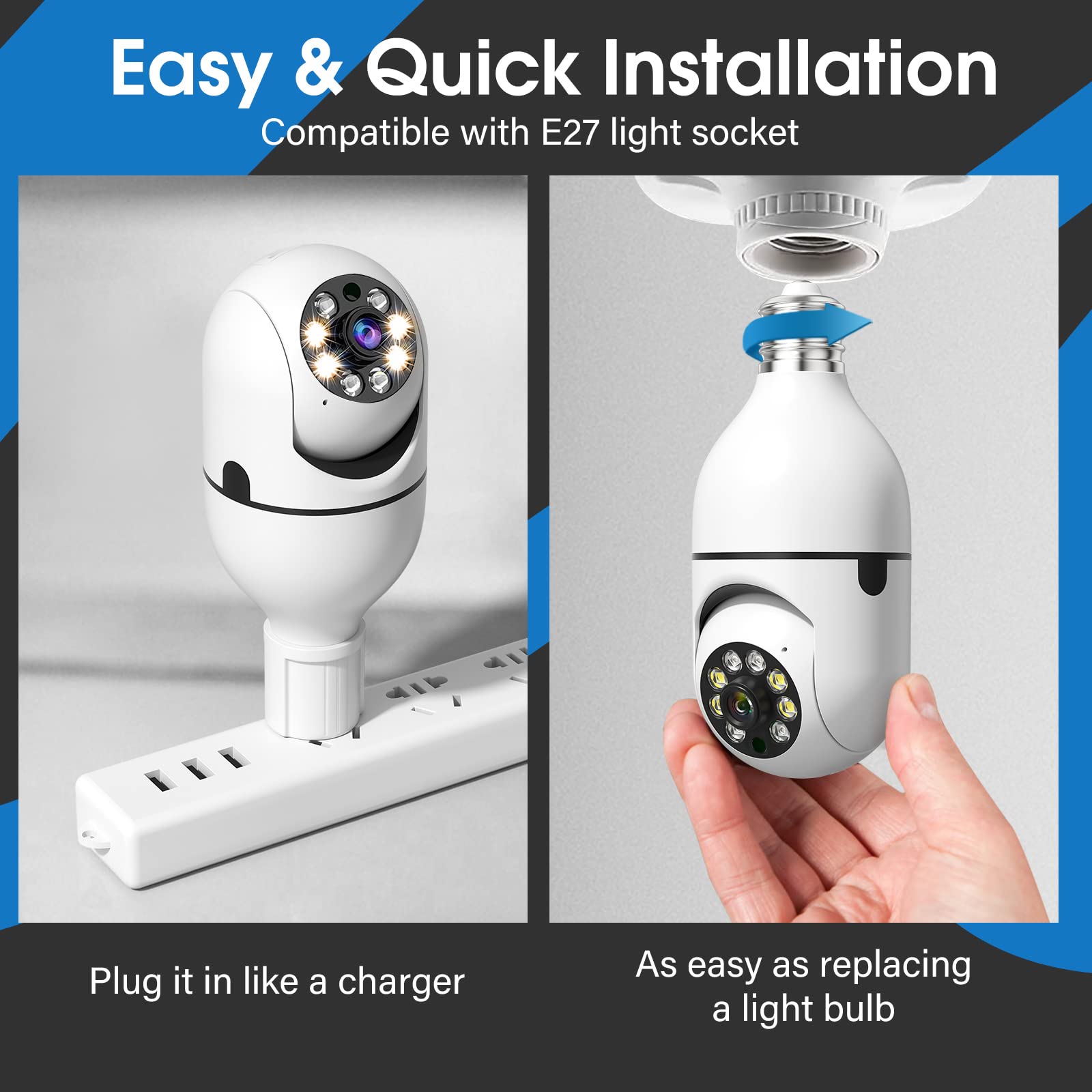Light Bulb Security Cameras Wireless Indoor 355 Degree Pan/Tilt 3MP 1080P Camera Surveillance with Motion Detection Alarm Night Vision Two-Way-Talk Supported 2.4GHz WiFi (Not Compatible 5GHz Wi-Fi)