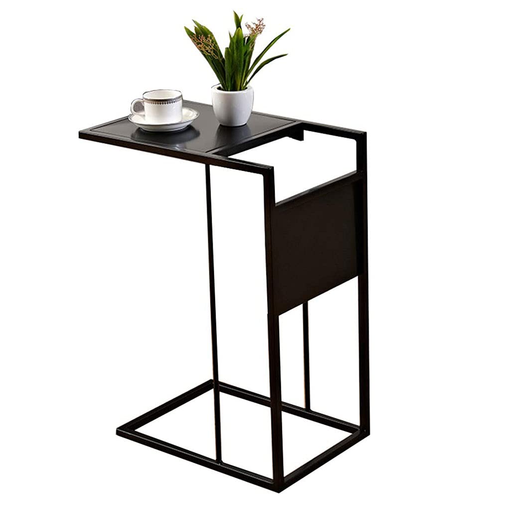 DOUBAO Side Table Mobile End Table for Coffee Laptop Tablet, Slides Next to Sofa Couch, Wood Look Accent Furniture with Metal Frame (Color : Black)