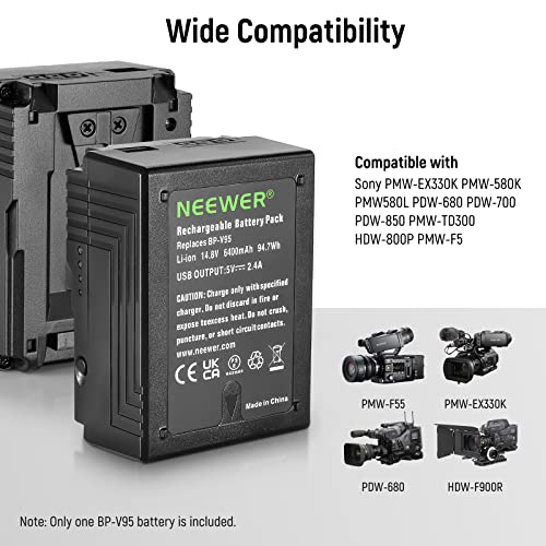 Neewer V Mount/V Lock Battery,94.7Wh 14.8V 6400mAh Mini Lightweight Rechargeable Lithium Battery for Broadcast Studio Video Camcorder, Compatible with Sony HDCAM XDCAM Digital Cinema Cameras, BP-V95