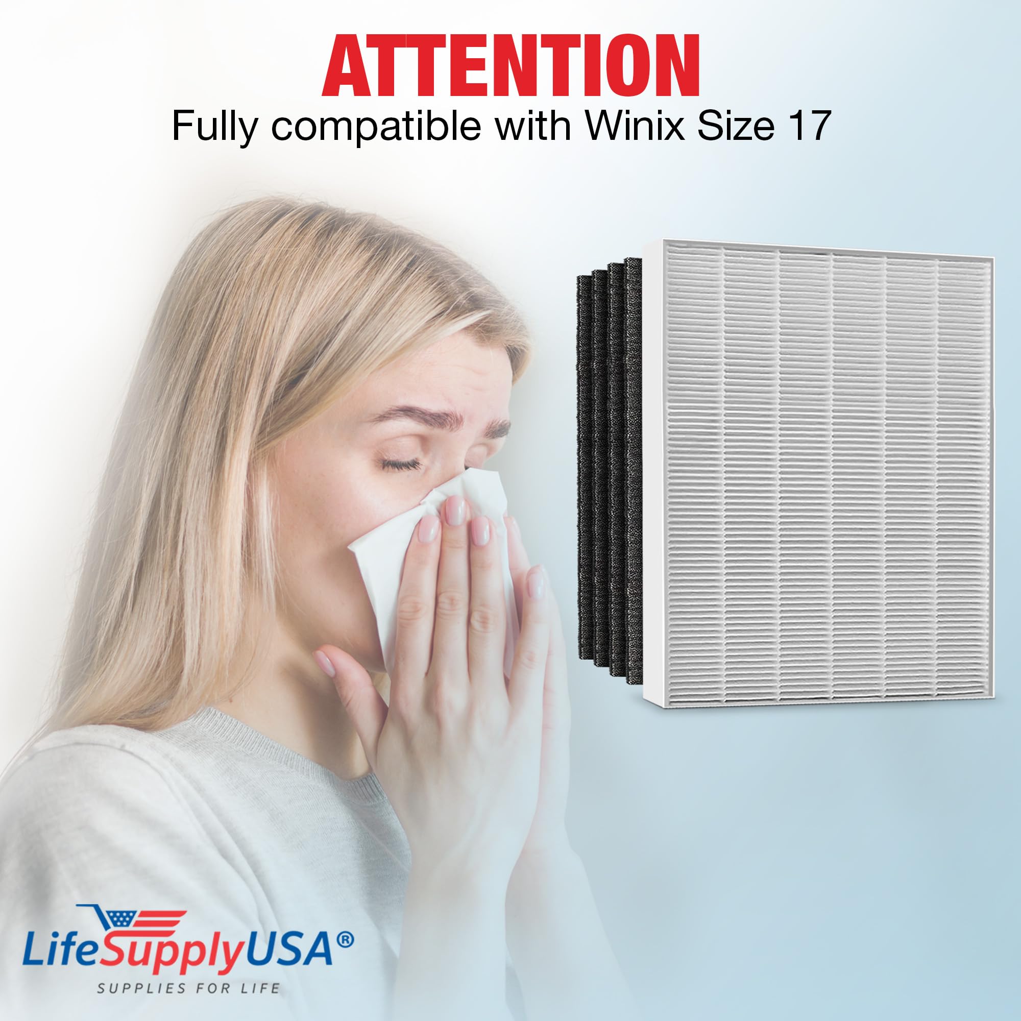 True HEPA Air Cleaner Filter Replacement Set + 4 Carbon Filters Compatible with Winix Size 17 (14" Actual Size) (113050) P150 and B151 Air Cleaners by LifeSupplyUSA