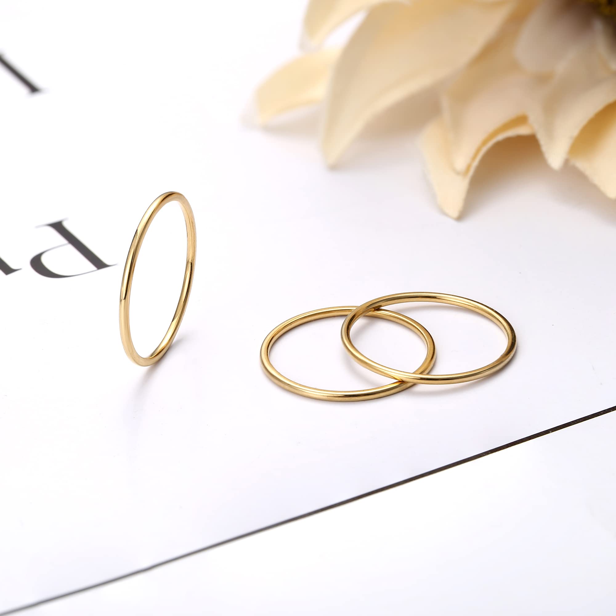 Diamday 1mm 14K Gold Plated Stackable Rings for Women Plain Thin Ring Gold Simple Pinky Thumb Statement Band Rings Comfort Fit 3Pcs Size 7