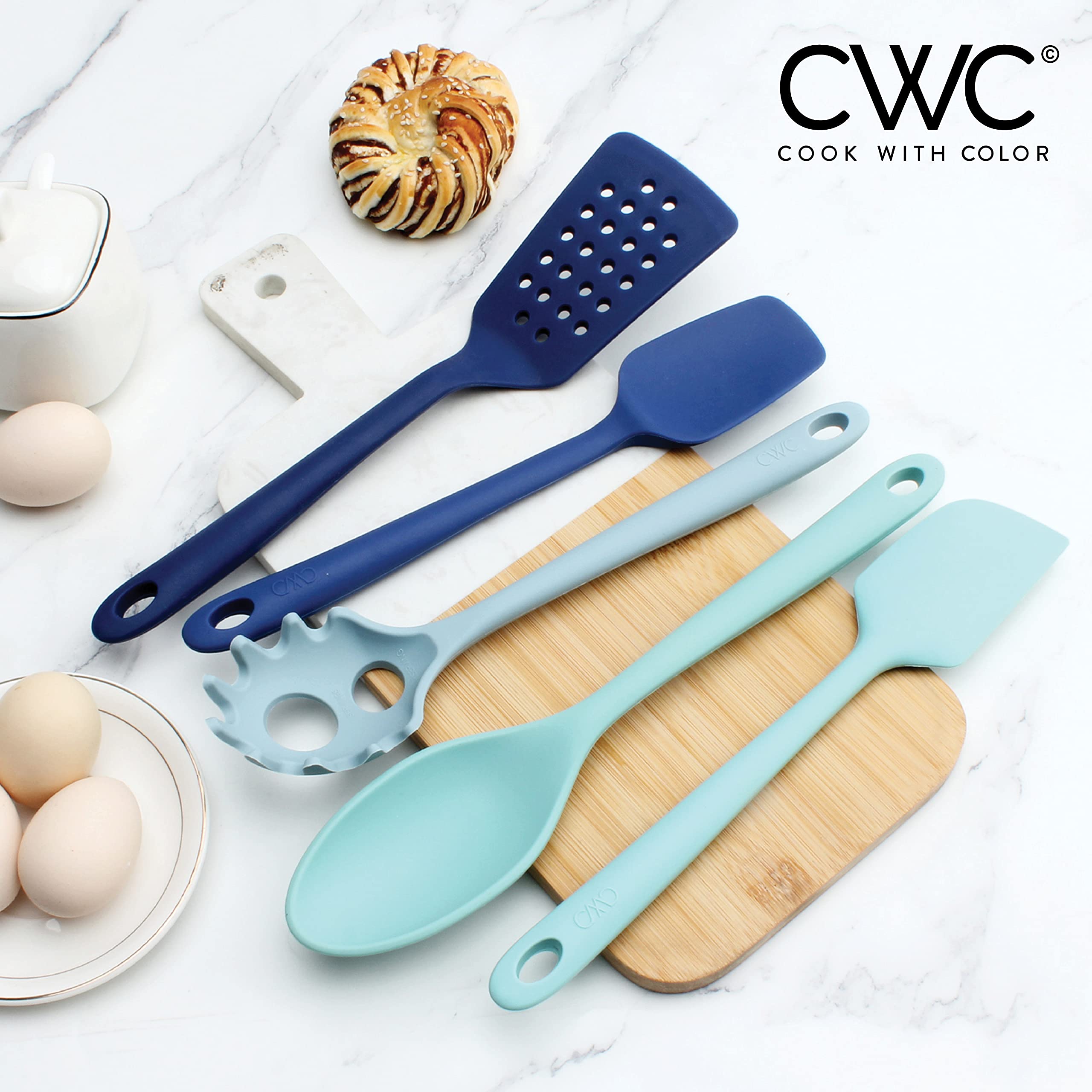 COOK WITH COLOR 5 Pc Silicone Utensils Set - Non-Stick, Heat Resistant Silicone Cooking Tools for Cooking, Baking and BBQ - BPA Free and Dishwasher Safe (Blue)