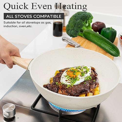 SODAY Pots and Pans Set, Nonstick Kitchen Cookware Sets, 12 Pcs Induction Cookware Granite Cooking Set with PFOS & PFOA Free Frying Pans, Saucepans, Steamer Silicone Shovel Spoon & Tongs (White)