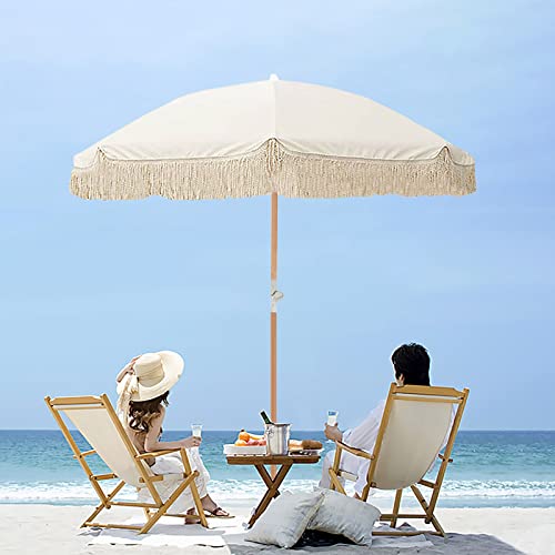 LefeDa 6.5FT Boho Umbrella With Fringe Beige Beach Umbrellas For Sand UV Protection Large Outdoor Umbrella Wooden Stanchions Patio Table Umbrella Waterproof Foldable 8 Ribs With Carry Bag