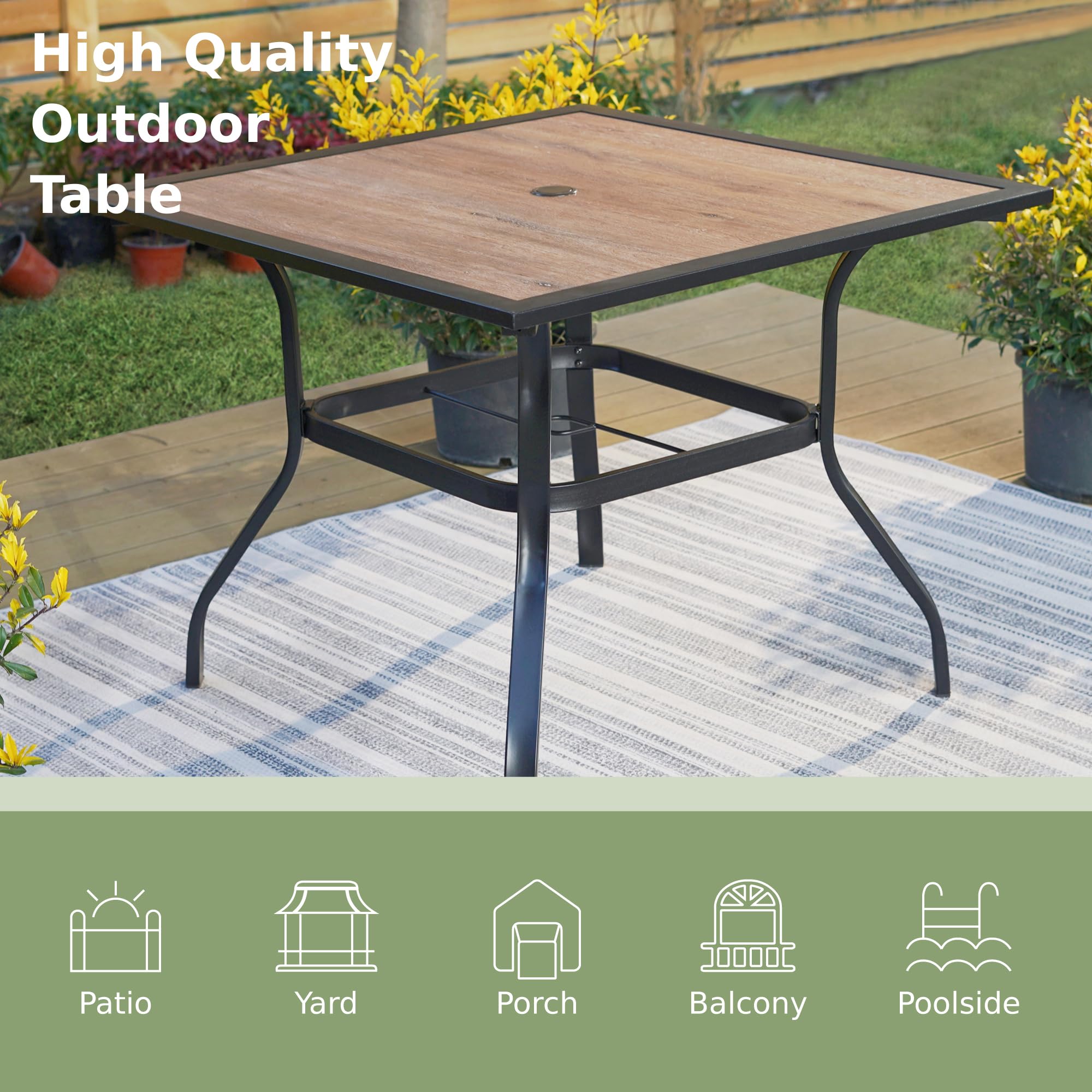PHI VILLA 37" Patio Dining Table Square Backyard Bistro Table Outdoor Furniture Garden Table, Imitation of Wooden Surface Top, 1.57” Umbrella Hole(Dark-Brown)