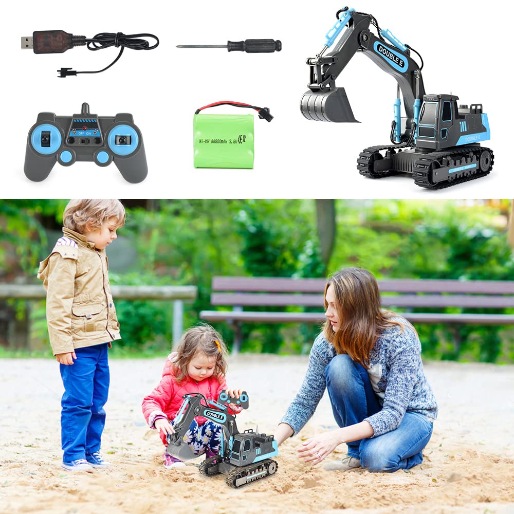 DOUBLE E Remote Control Excavator Toy RC Excavators Rechargeable Battery Digger Hydraulic Construction Toys Vehicles Xmas Gift for Boys Girls Kids 3-14 Years,Gray-Blue