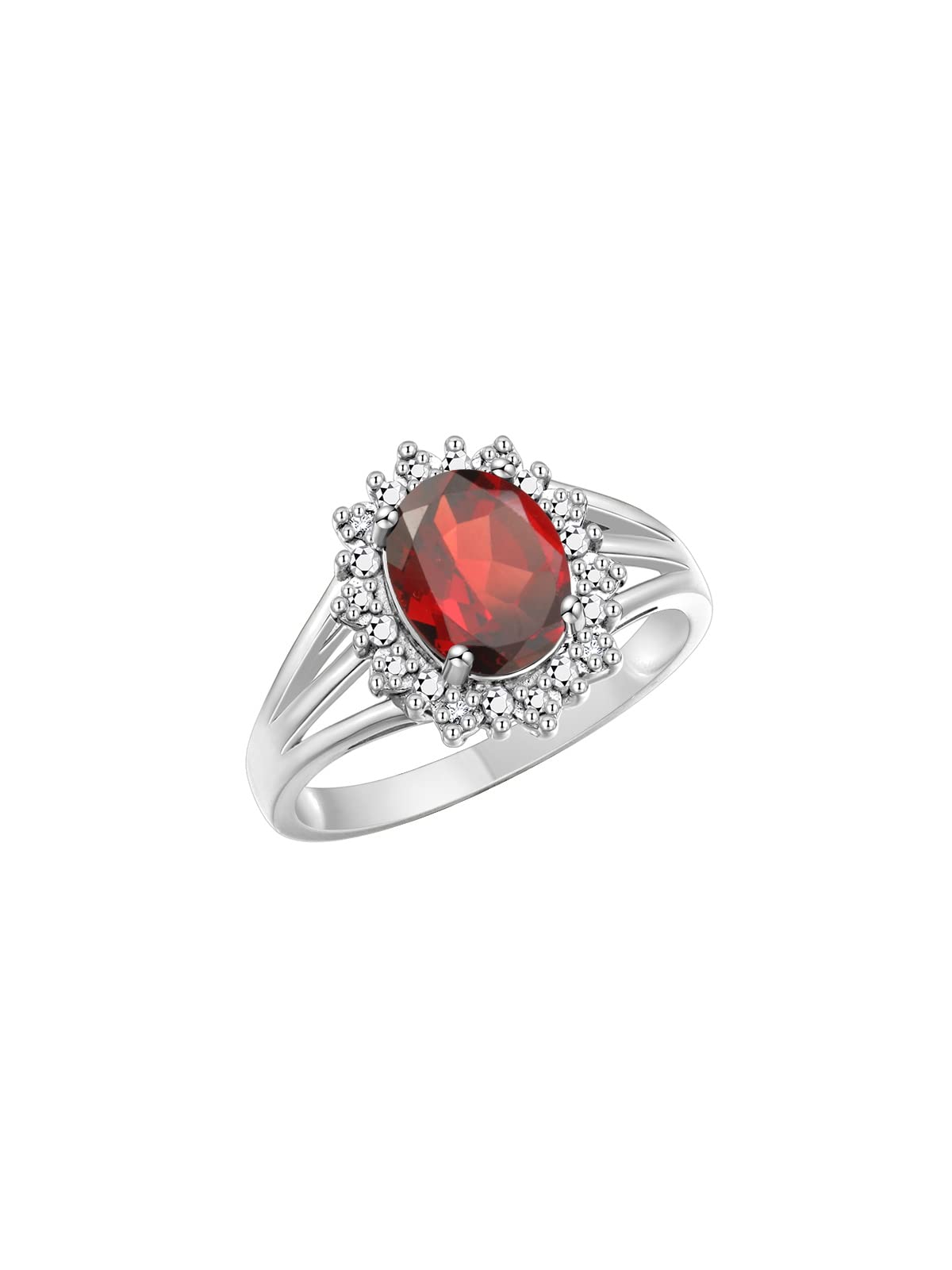 Diamond & Garnet Ring Set In Sterling Silver .925 Halo Princess Diana Inspired Designer Stylish Size 7.25