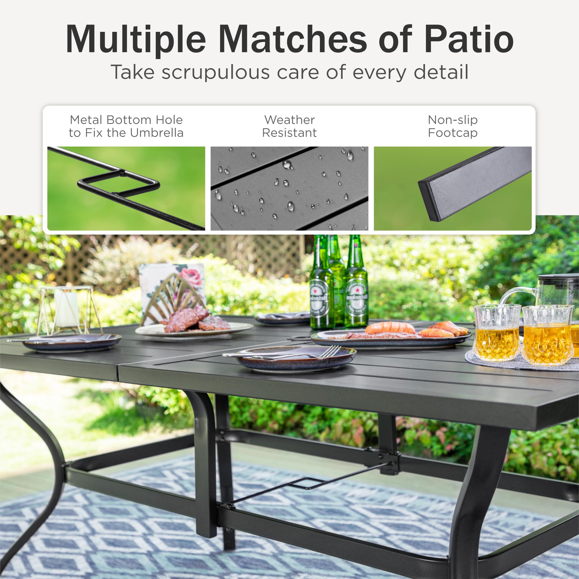 PHI VILLA 60'' Outdoor Dining Table for 6, E-Coating Metal Patio Table with 1.57" Umbrella Hole, All-Weather Resistant Rectangular Table for Patio, Backyard, Garden