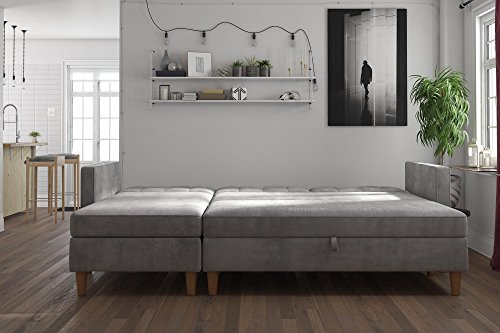 DHP Hartford Storage Sectional Futon with Interchangeable Chaise, Space-saving Design with Multi-position Back, Wooden Legs, Light Grey Chenille