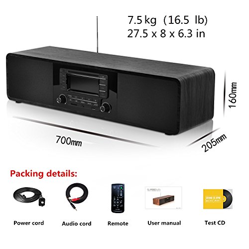 KEiiD CD Player with Speakers Bluetooth for Home Stereo System Boombox | FM Radio USB SD AUX Remote Control | 28 Inch Long with Bluetooth Receiver (Black Finish)