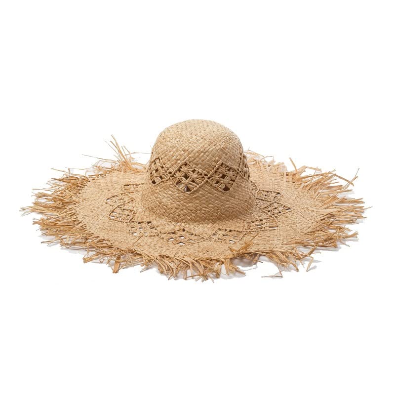 DSFEOIGY Summer Handmade Raffia Hollow Pattern Straw Hat Woven Raw Edge Large Brim Hat Sunscreen Beach Hat Women (Color : A, Size : One Size)