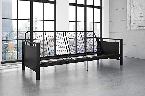 DHP Henley Metal Arm Futon Frame, Industrial Loft Design, Converts to Sleeper, Black Sturdy Metal