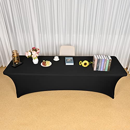 Lykoow 4 Packs 8Ft Stretch Spandex Table Cover for Standard Folding Tables - Universal Rectangular Tight Elastic Fitted Tablecloth Protector for Wedding, Banquet and Party (Black)