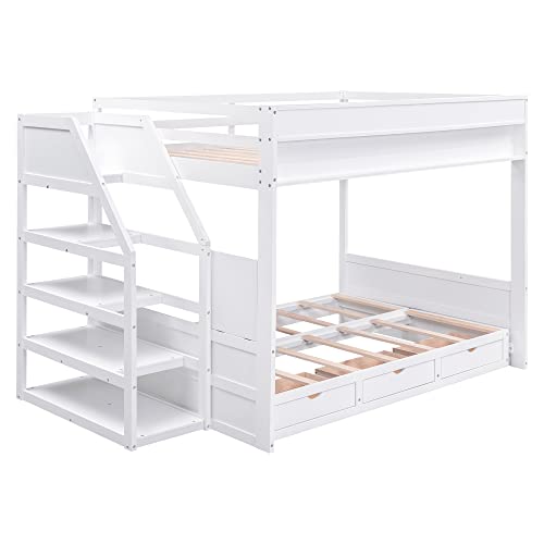 SOFTSEA Full Over Futon/Full Bunk Bed with Storage Staircases, Convertible Couch and Bed with Drawers, Wood Bunk Bed Frame for Kids Teens, No Box Spring Needed (White)