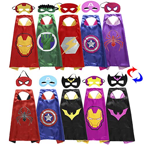 Zaleny Superhero Dress up Costumes 5 Double-Sided Design Satin Capes with 10 Felt Masks for Boys and Girls