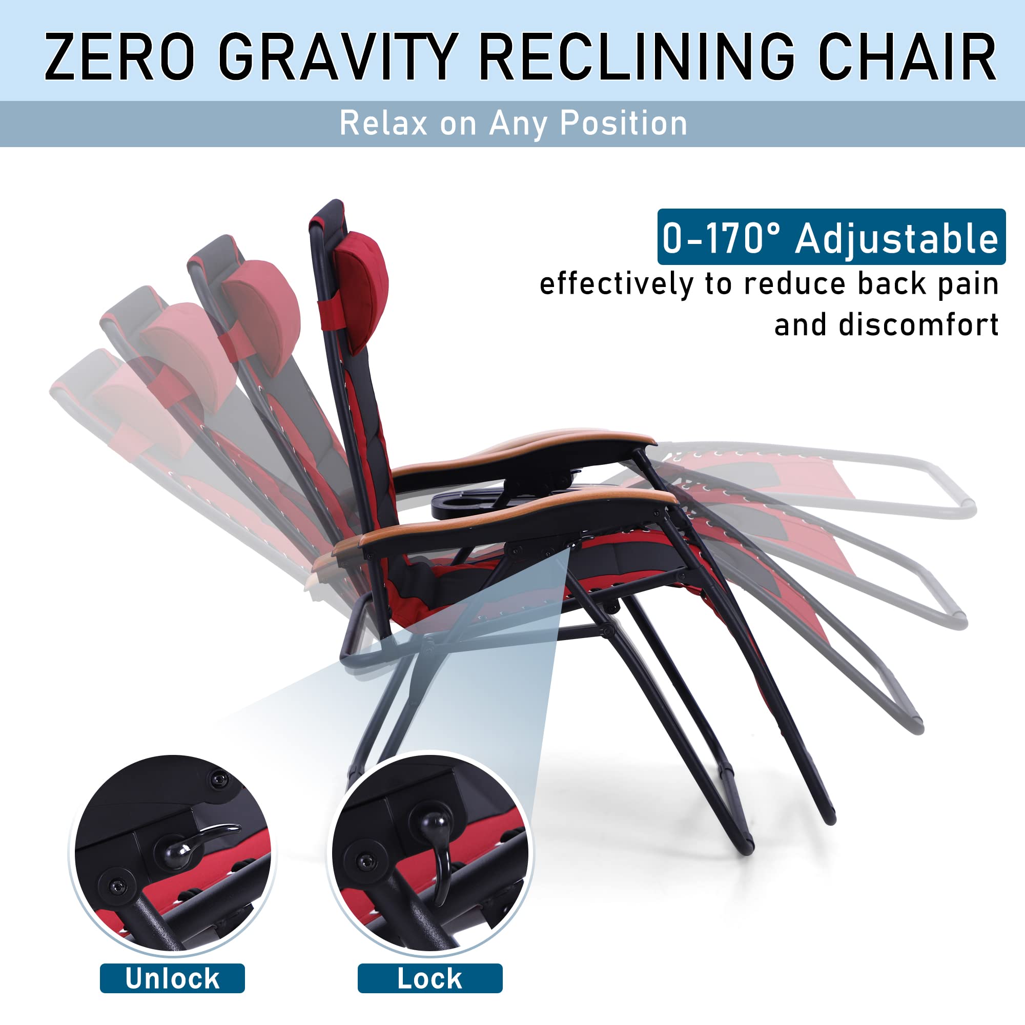 PHI VILLA XXL Oversized Padded Zero Gravity Chair, Foldable Patio Recliner, 30" Wide Seat Anti Gravity Lounger with Cup Holder, Support 400 LBS (Red)