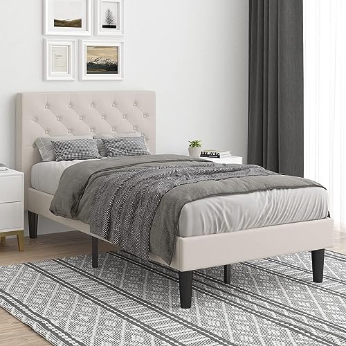 HOMBCK Twin Bed Frame, Upholstered Bed Frane Twin with Button Tufted Headboard, Linen Fabric Modern Bed Frame, Sturdy Wood Slat Support, No Box Spring Needed, Beige