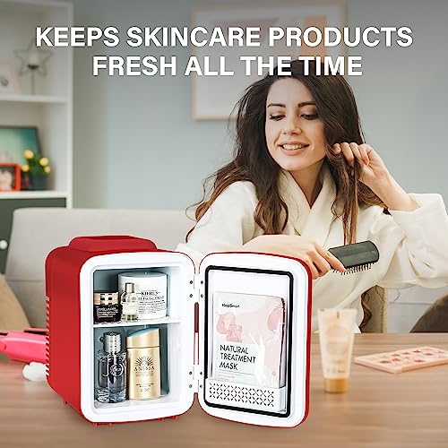 Simple Deluxe Mini Fridge, 4L/6 Can Portable Cooler & Warmer Freon-Free Small Refrigerator Provide Compact Storage for Skincare, Beverage, Food, Cosmetics, Red