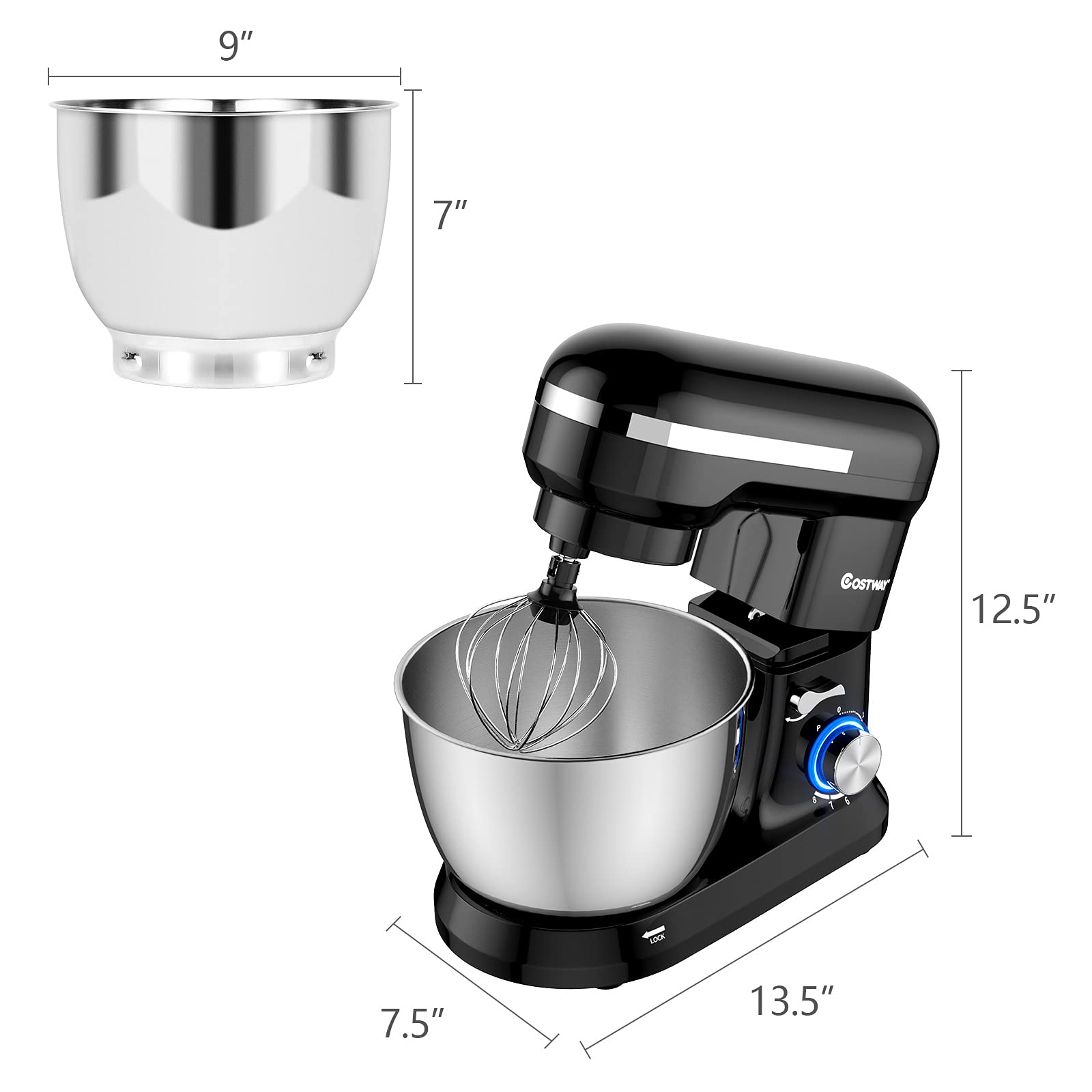 COSTWAY Tilt-Head Stand Mixer, 8-speed Food Mixer with Pulse Function, Multifunctional Kitchen Electric Mixer with Dough Hook, Whisk, Beater, Stainless Steel Bowl & Splash Guard (Black)