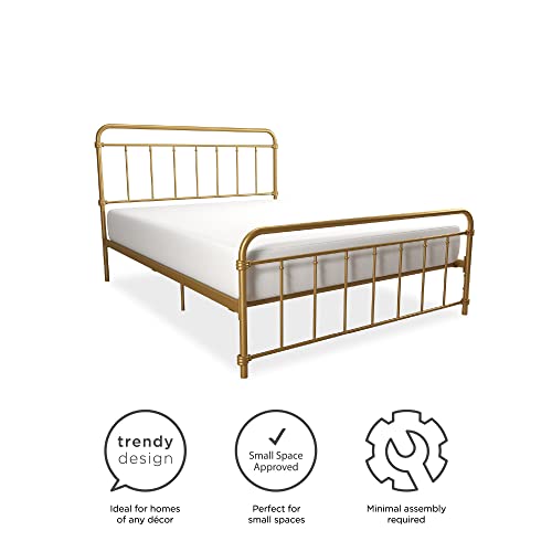 DHP Winston Metal Platform Bed with Rustic Design and Curved Edge Headboard and Footboard, Adjustable Base Height for Underbed Storage, No Box Spring Needed, Queen, Gold