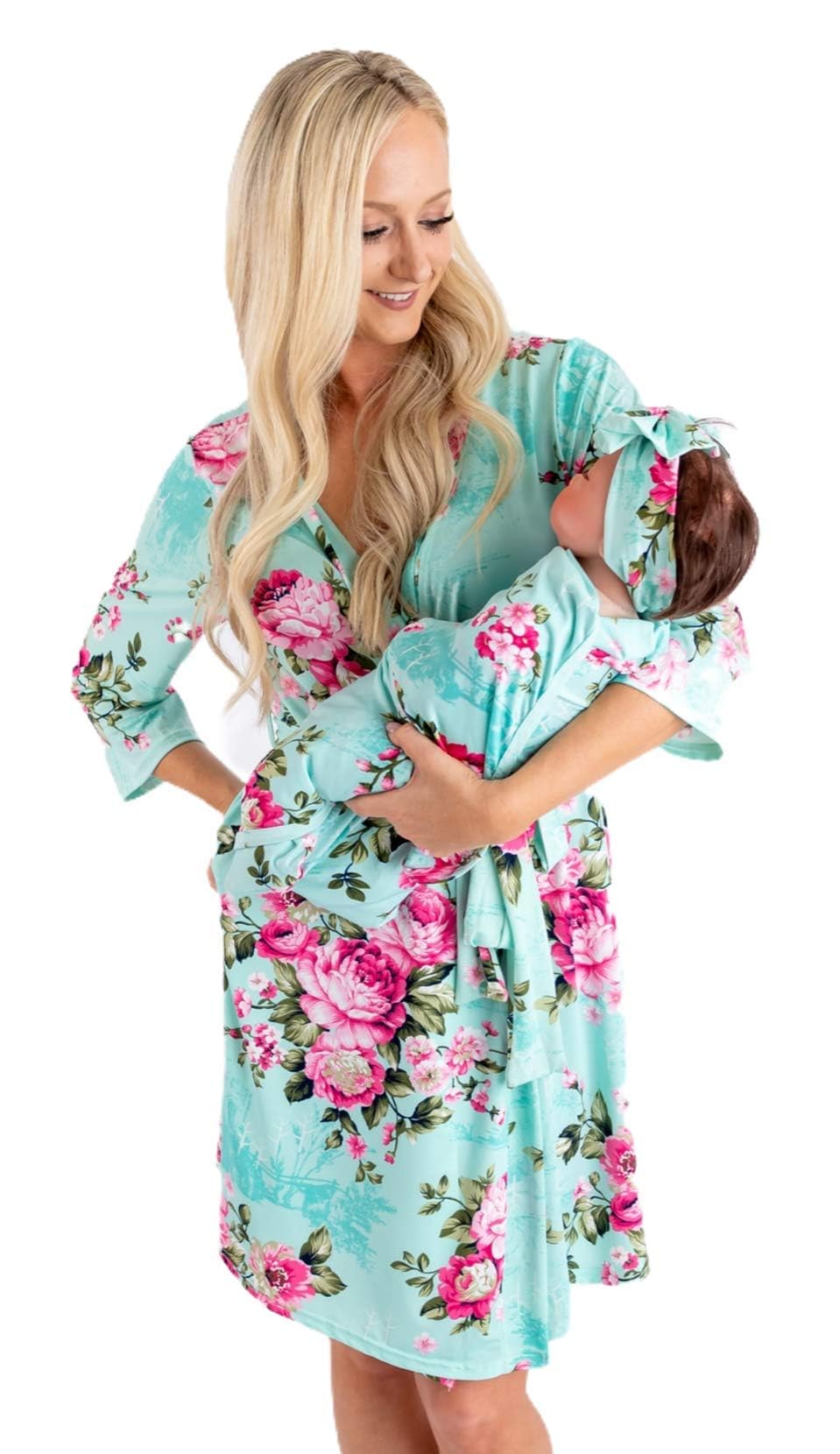 DOUBLE THE SPRINKLES Maternity Robe & Swaddle Set, Mom & Baby Me Outfits Matching, Hospital Gown, Blanket & Hat.