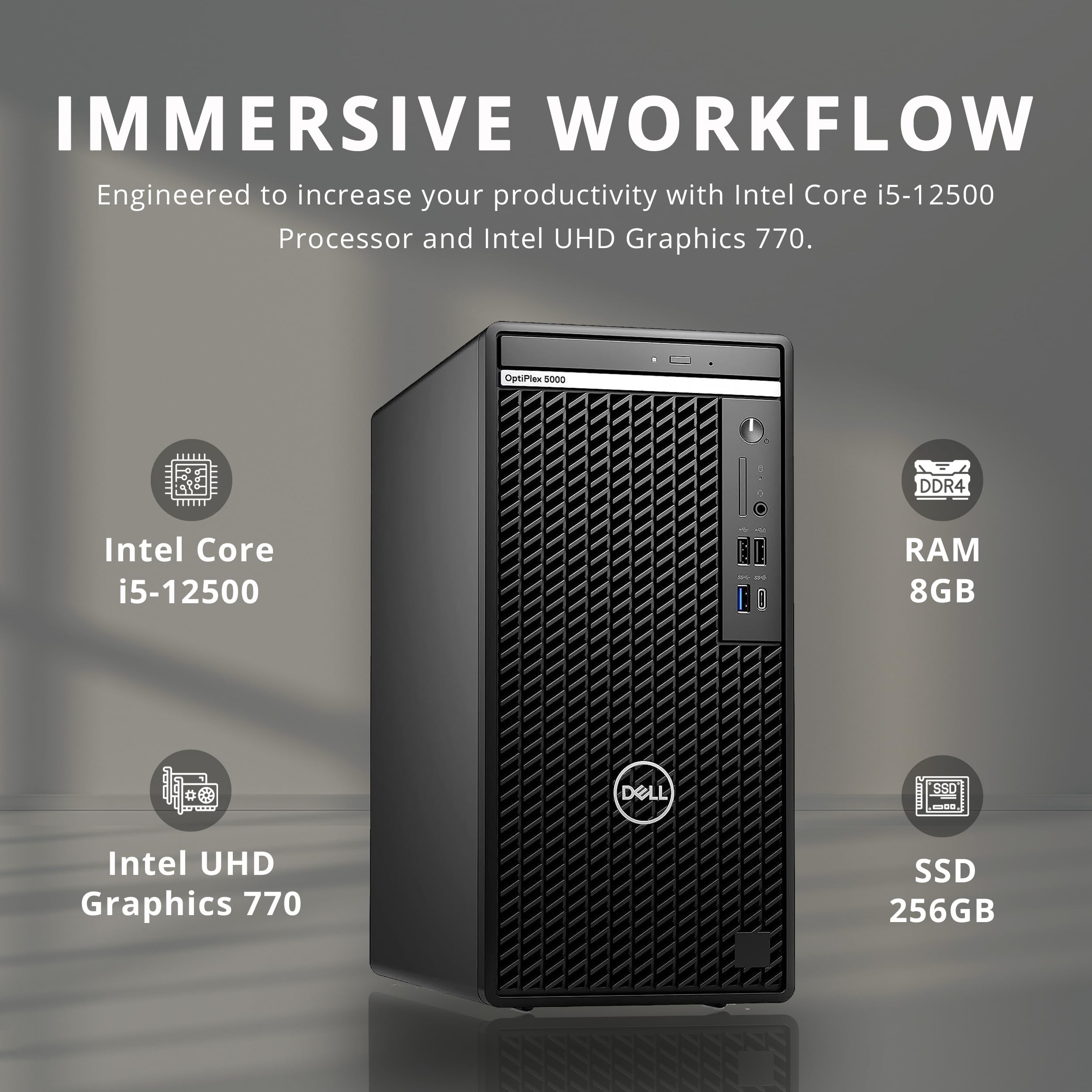 Dell OptiPlex 5000 Business Desktop Computer Tower, Intel Core 12th Gen i5-12500 Processor, 8GB RAM, 256GB PCIe SSD, Intel UHD Graphics 770, DVD Drive, Windows 11 Pro, Black