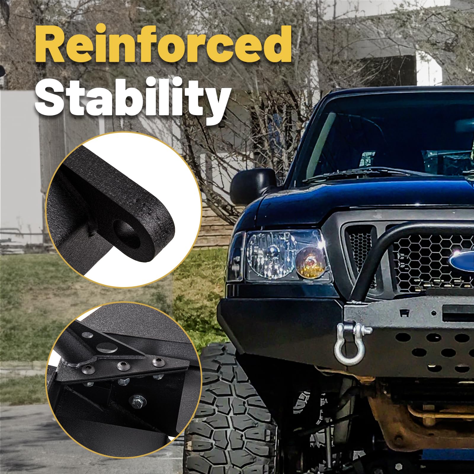 ECOTRIC Front Bumper Compatible with 1998-2011 Ford Ranger W/Winch Plate Bull Bar D-Ring Mounts Bumper Assembly Steel Powder Coated Black
