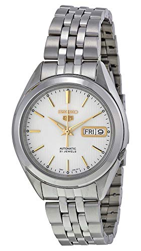 Seiko 5 SNKL17 Men's Stainless Steel White Dial Gold Index Day Date Automatic Watch