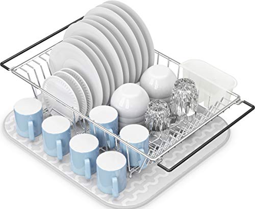 Simple Houseware Large Over Sink Counter Top Dish Drainer Drying Rack with Drying Mat and Utensil Holder, Chrome
