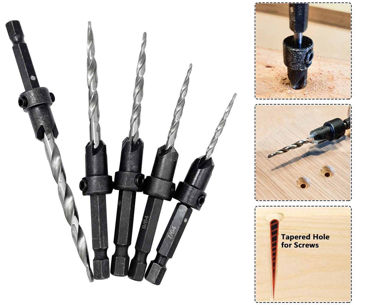 Saipe 5pcs Wood Tapered Countersink Drill Bit Set Hex Shank Screw Drill Counter Sink Bit 7/64", 9/64",11/64", 3/16", 7/32" Adjustable Drilling Tool Kit on Pilot Counter Sinker Hole for Woodworking