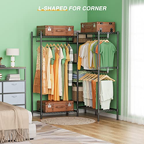 LEHOM G7 Heavy Duty Clothes Rack for Hanging Clothes, Portable Garment Rack Compact Size Closet Organizer, Freestanding Metal Clothing Rack Wardrobe Closet with Storage Shelves for Bedroom(Medium)