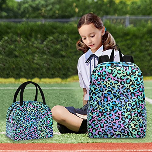 Moudou Leopard School Backpack with Lunch Bag Student Bookbag Travel Daypack for Teen Boys Girls