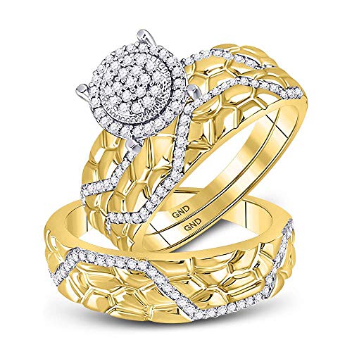 Diamond Trio Set Solid 10k Yellow Gold His Hers Matching Wedding Bands Bridal Engagement Ring 3/8 Ctw. (.40 Ctw.) - Size 7 - SKU#2052