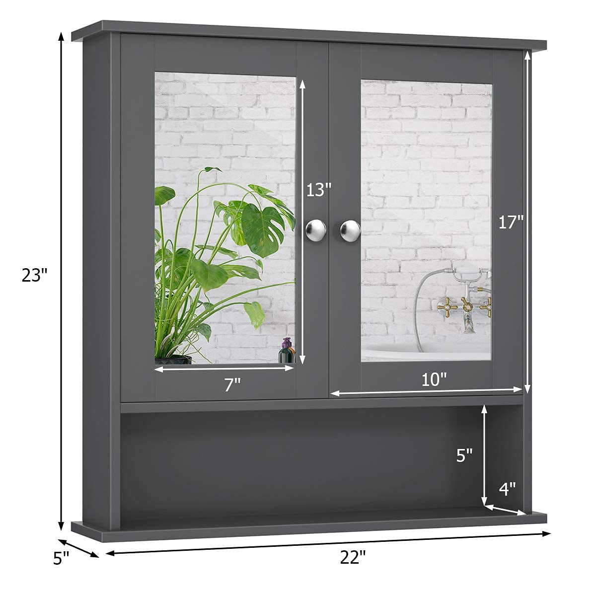 Salches Wall Mounted Bathroom 2 Mirrored Doors, Over-Toilet Hanging w/Shelves, Wooden Storage Organizer Medicine Cabinets, Grey
