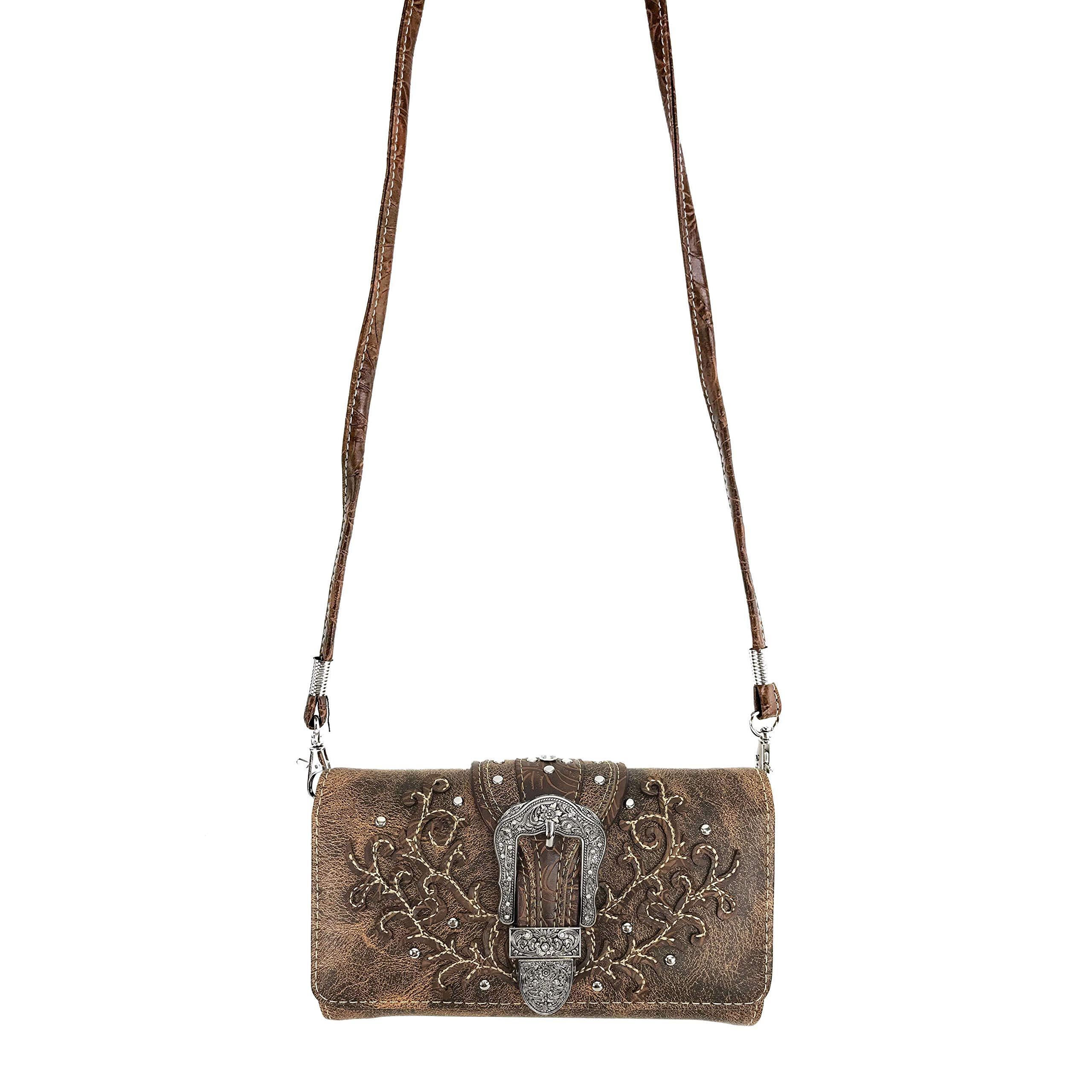 Zelris Western Country Floral Buckle Crossbody Trifold Fold Wallet (Brown)