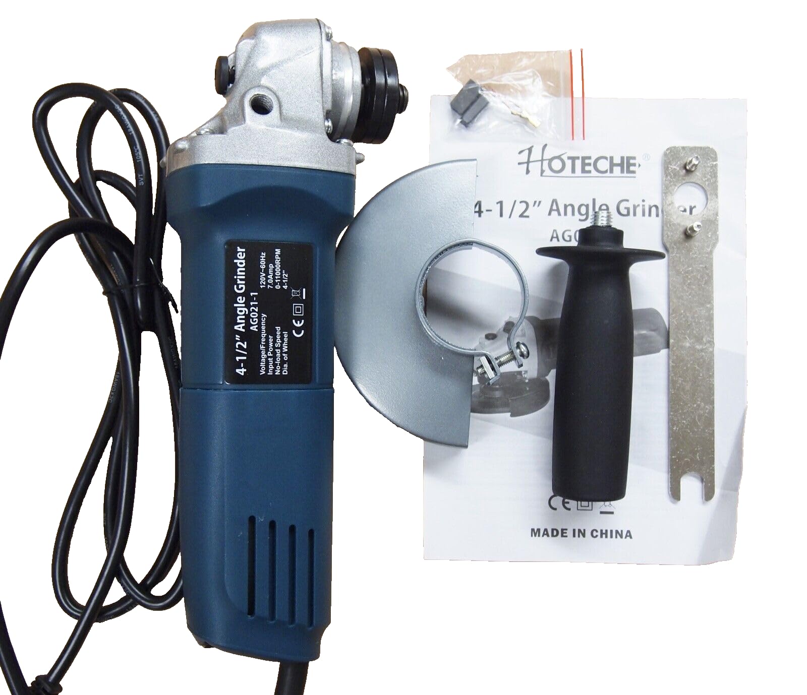 Hoteche 4-1/2"" Electric Variable Speed Angle Grinder 6.5AMP P800421A, Blue
