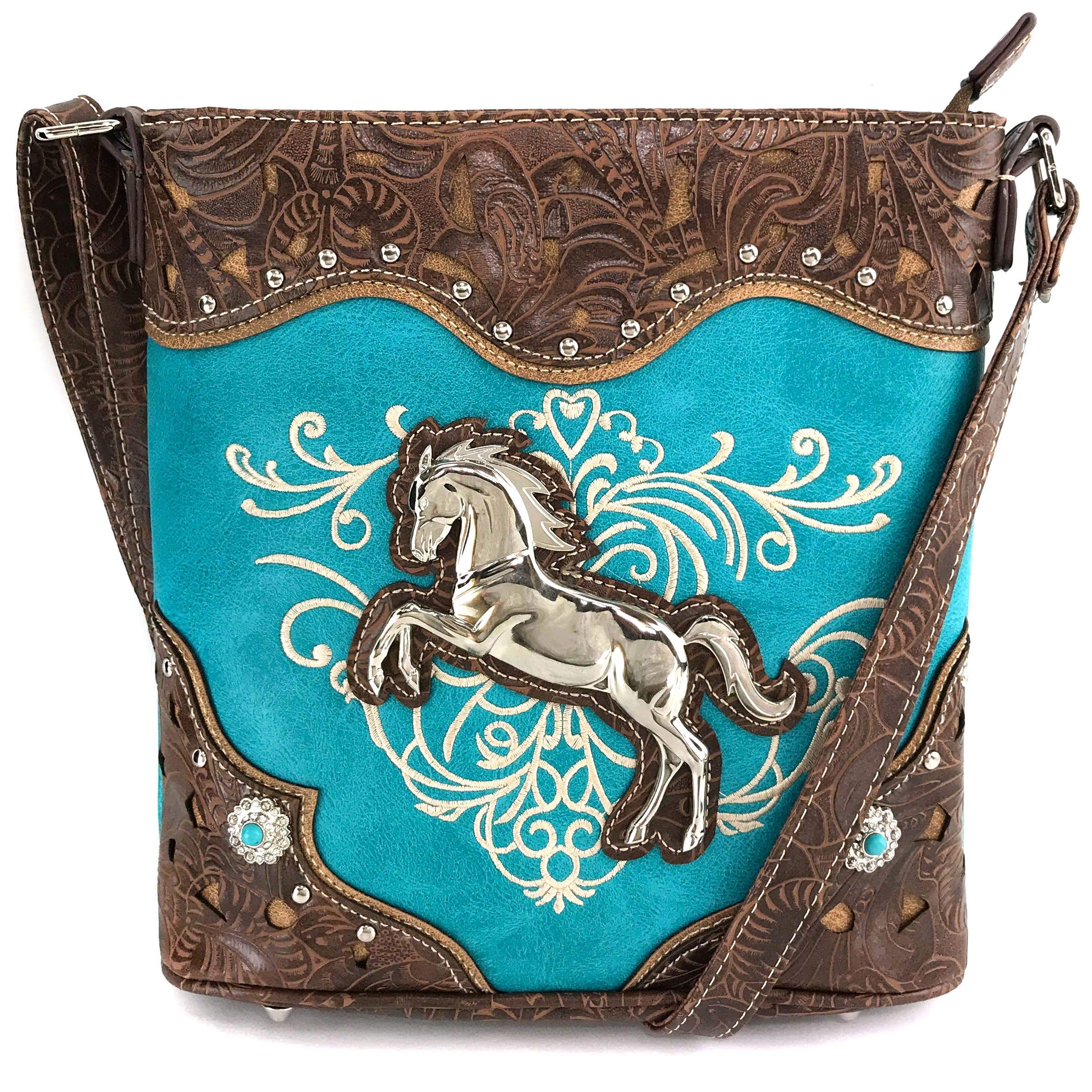 Zelris Western Rearing Horse Embroidered PU Leather Concealed Carry Women Crossbody Bag (Turquoise)