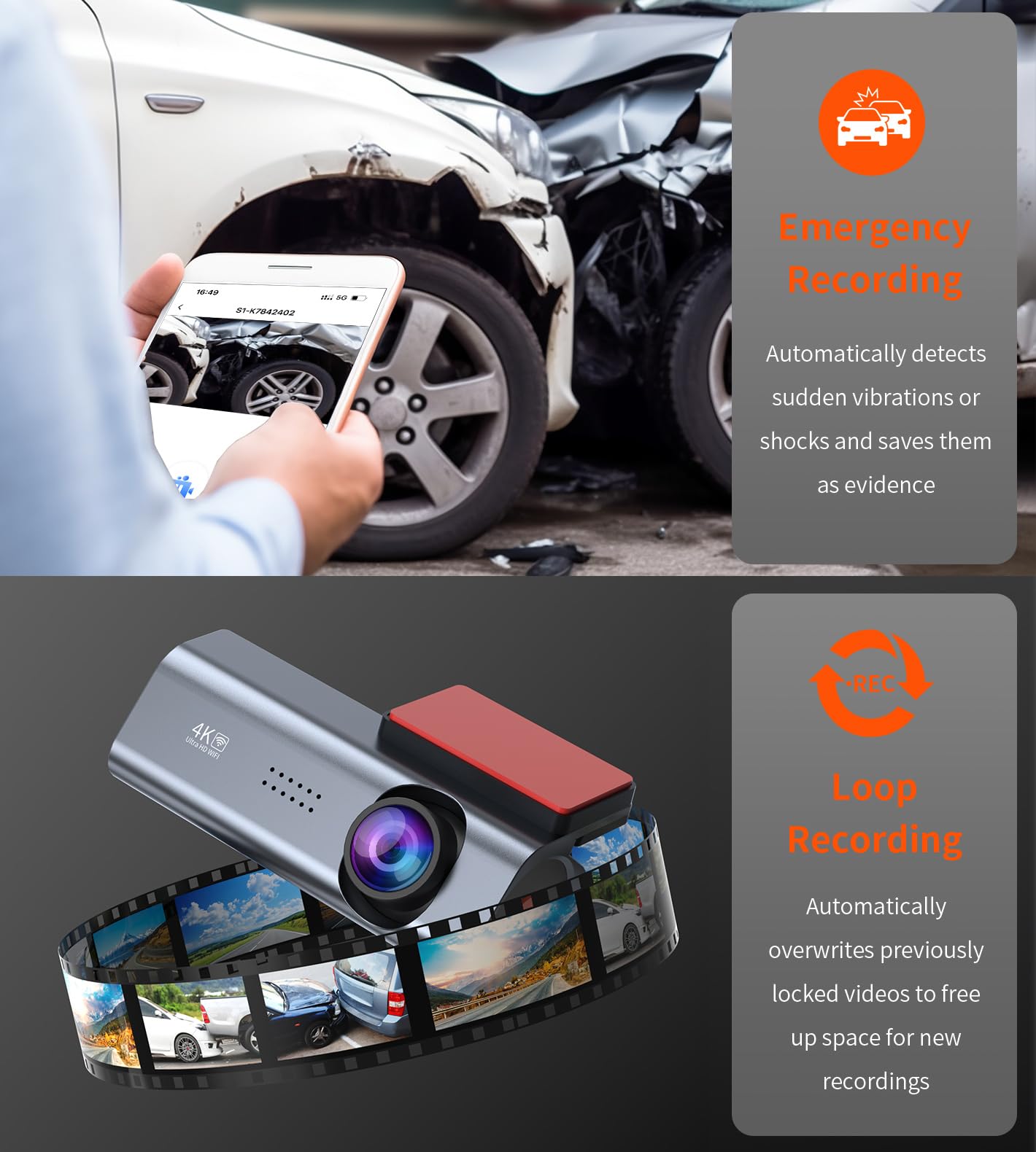 Cosuvow Dash Cam 4K Front Dash Camera for Cars 2160P WiFi Dashcam with APP Wireless Car Camera 24 Hours Parking Mode WDR Free 32G Card G-Sensor Loop Recording