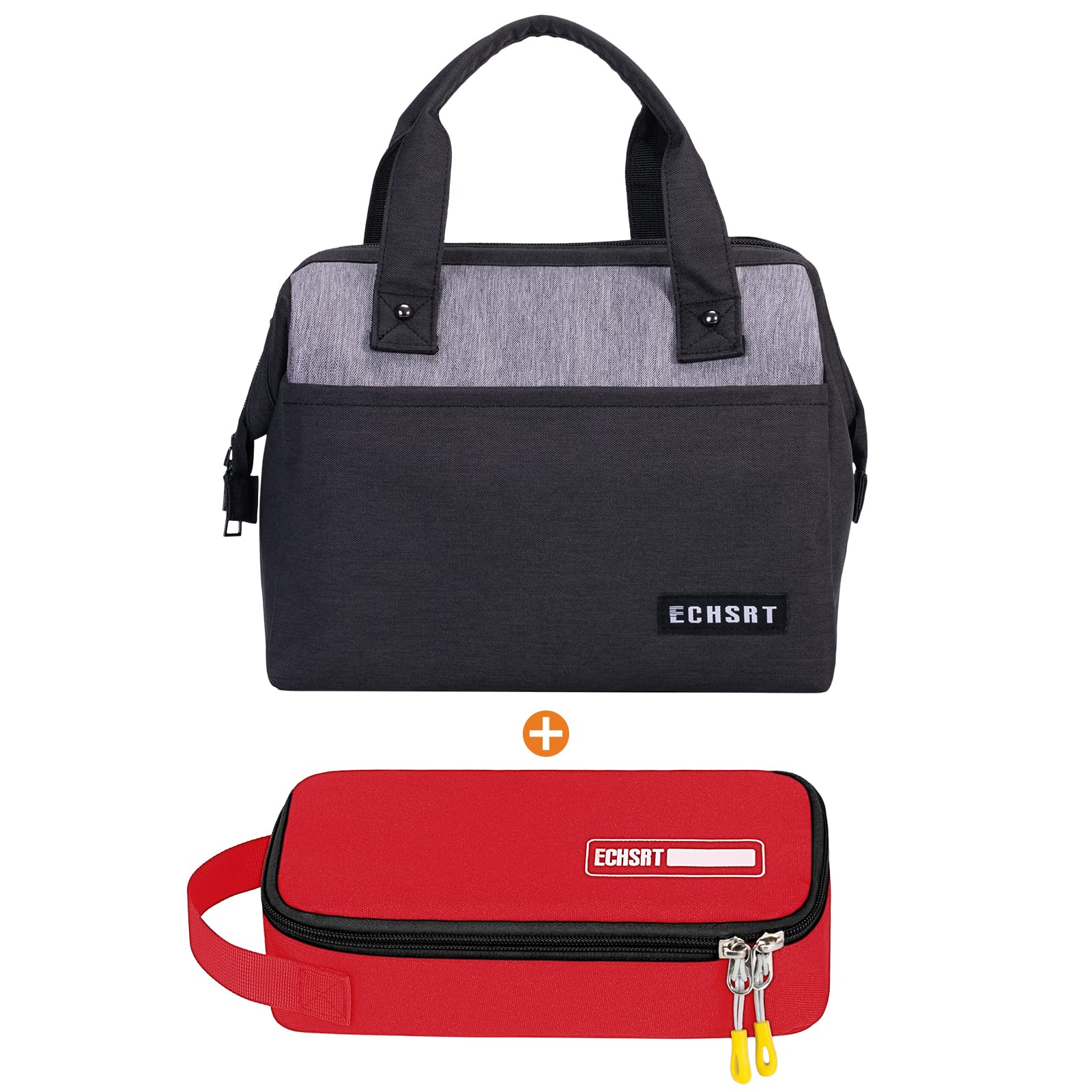 ECHSRT Large Insulated Lunch Tote Bag 10L Lunchbox Large Pencil Case Durable Pen Pouch with Handle 2pack Black & Red