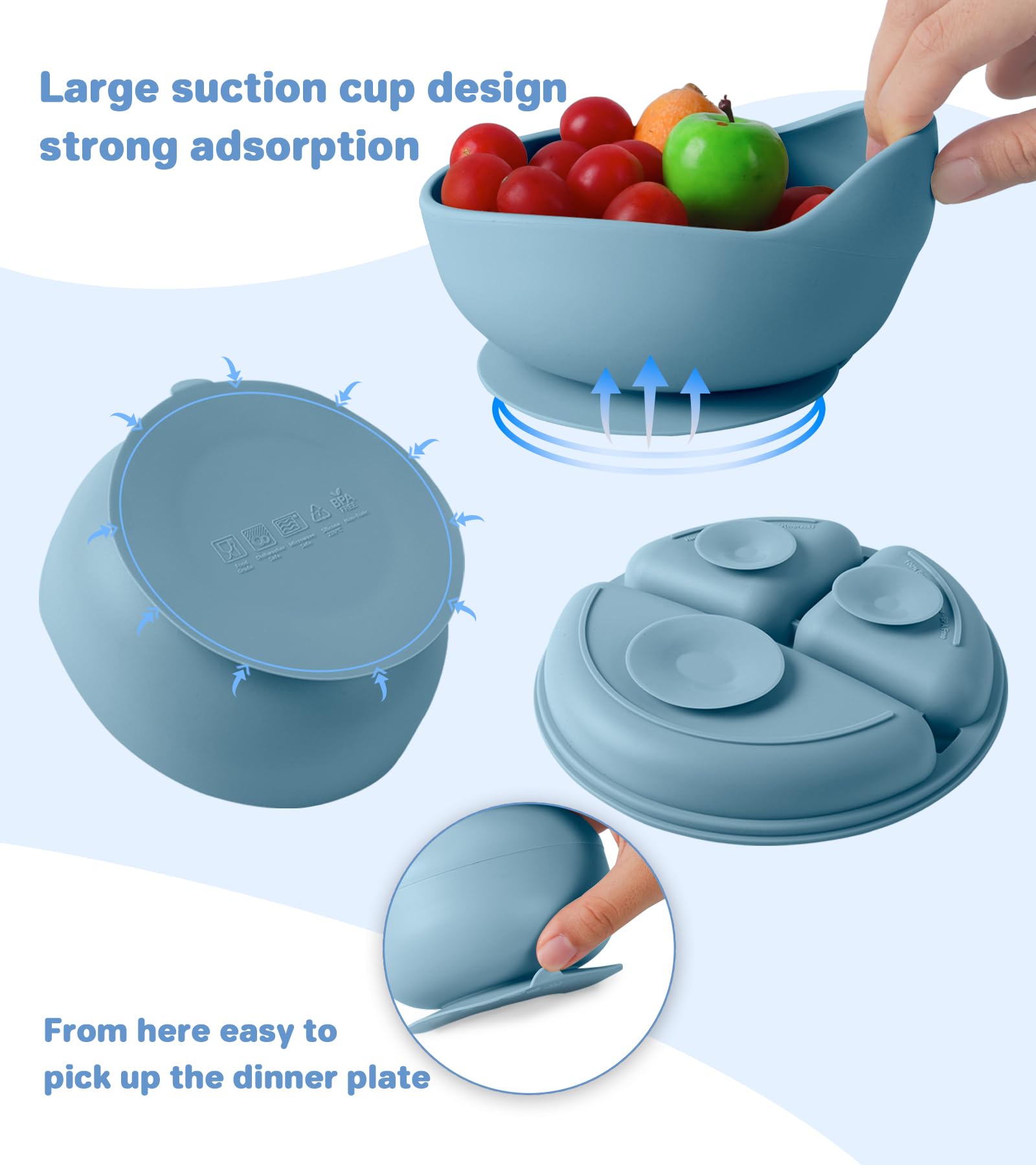 ECLIP Silicone Baby Feeding Set, 10 Pcs Baby Led Weaning Supplies with Suction Bowl Divided Plate Adjustable Bib Soft Spoon Fork Snack Cup with Lid Drinking Cup, Utensil (Blue)