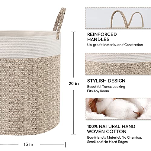 MXMHOME Large Laundry Hamper, 20" X 15" X 15" Tall Woven Rope Storage Basket for Blanket, Cotton Rope Basket Laundry Hamper for Clothes, Toys, Dirty Clothes, Soft Baby Hamper for Nursery, 58L, Brown