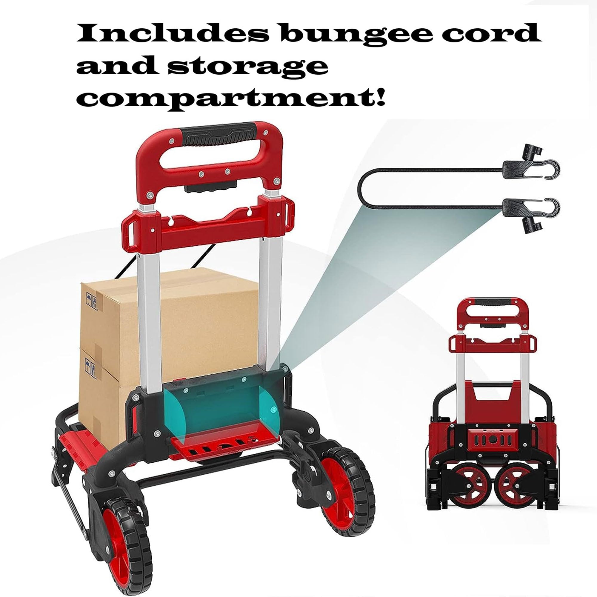 Magna Cart Durable 150 Pound Weight Capacity Foldable Hand Truck Utility Shopping Cart with Wheels and Bungee Cord to Secure Heavy Loads, Black/Red