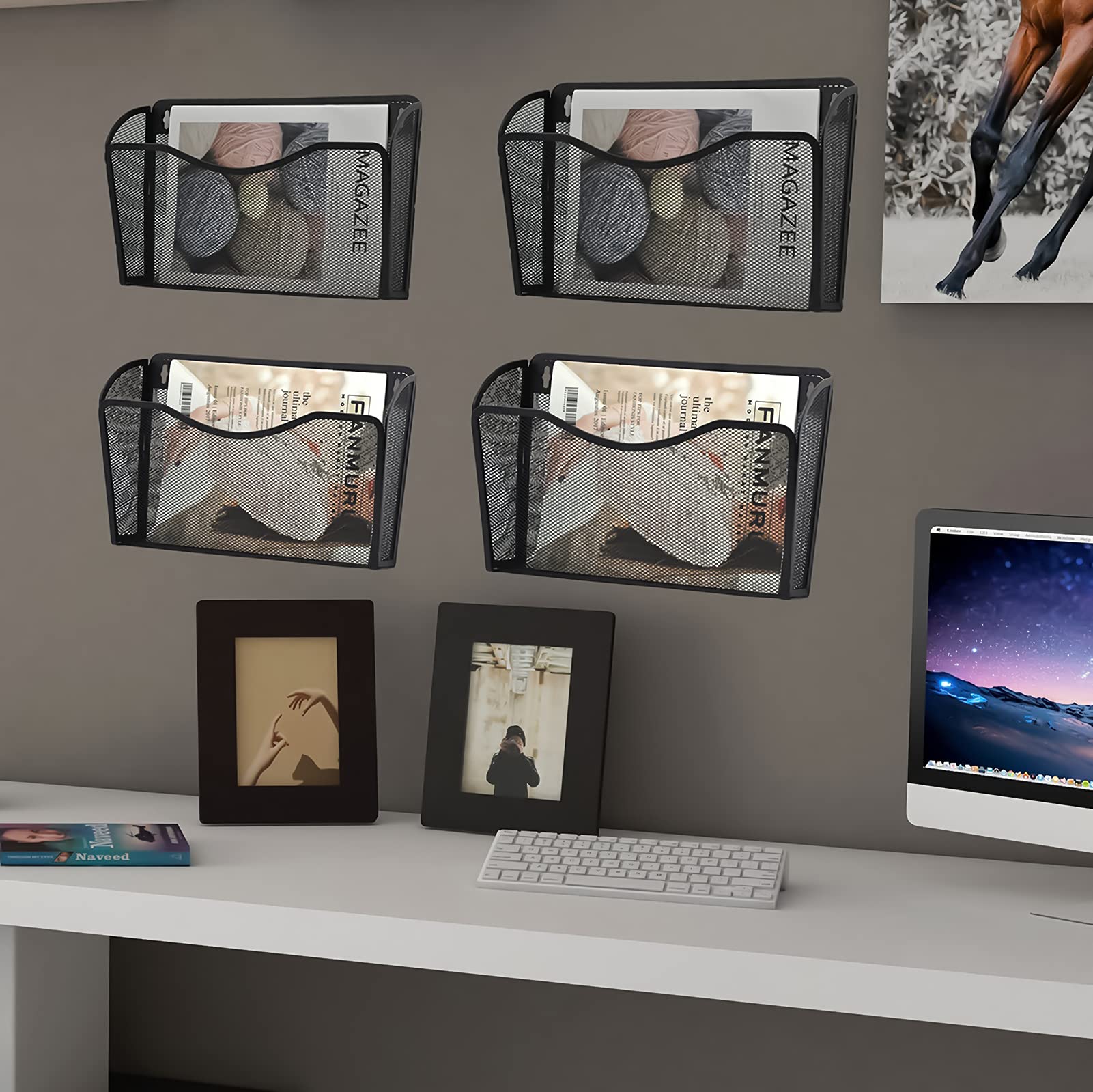COSYAWN 6 Pack Mesh Wall Mounted File Holder, Metal Hanging Wall Paper Folder Organizers, Single Wall Pockets for Home and Office Black