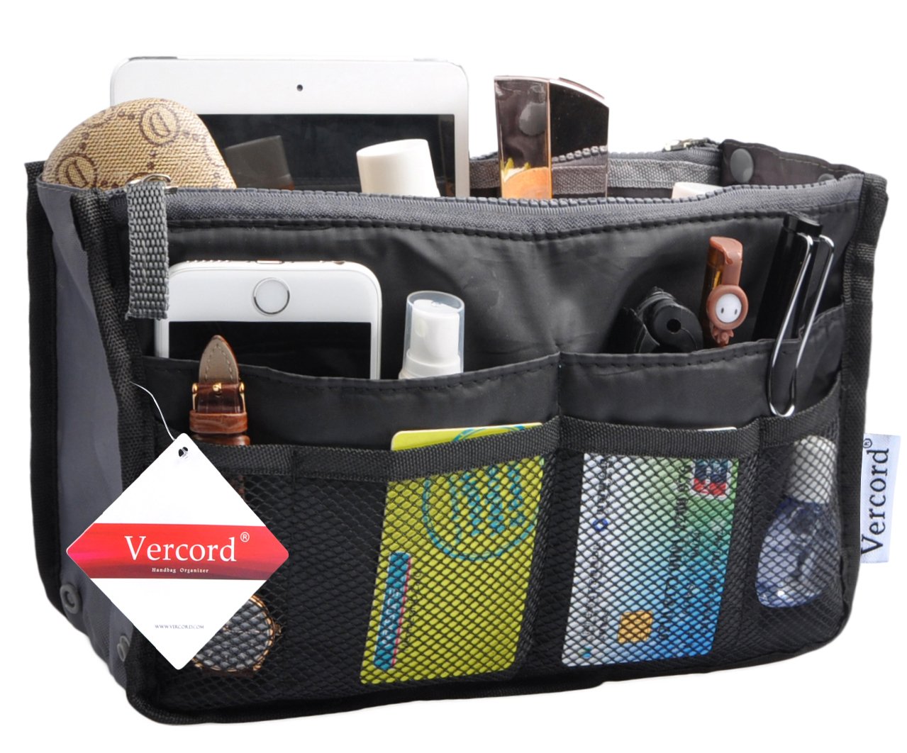 Vercord Purse Organizer Insert for Handbags Bag Organizers Inside Tote Pocketbook Women Nurse Nylon 13 Pockets Black Medium