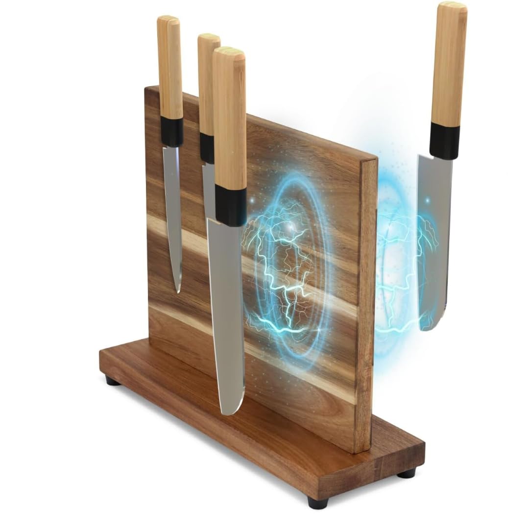 Magnetic Knife Holder, Acacia Wood, Magnetic Knife Block 11.2 x 10.4 Inches, Double Sided Rack Magnetic Universal Stand with Strong Enhanced Magnet Strips, Kitchen Storage Cutlery Organizer