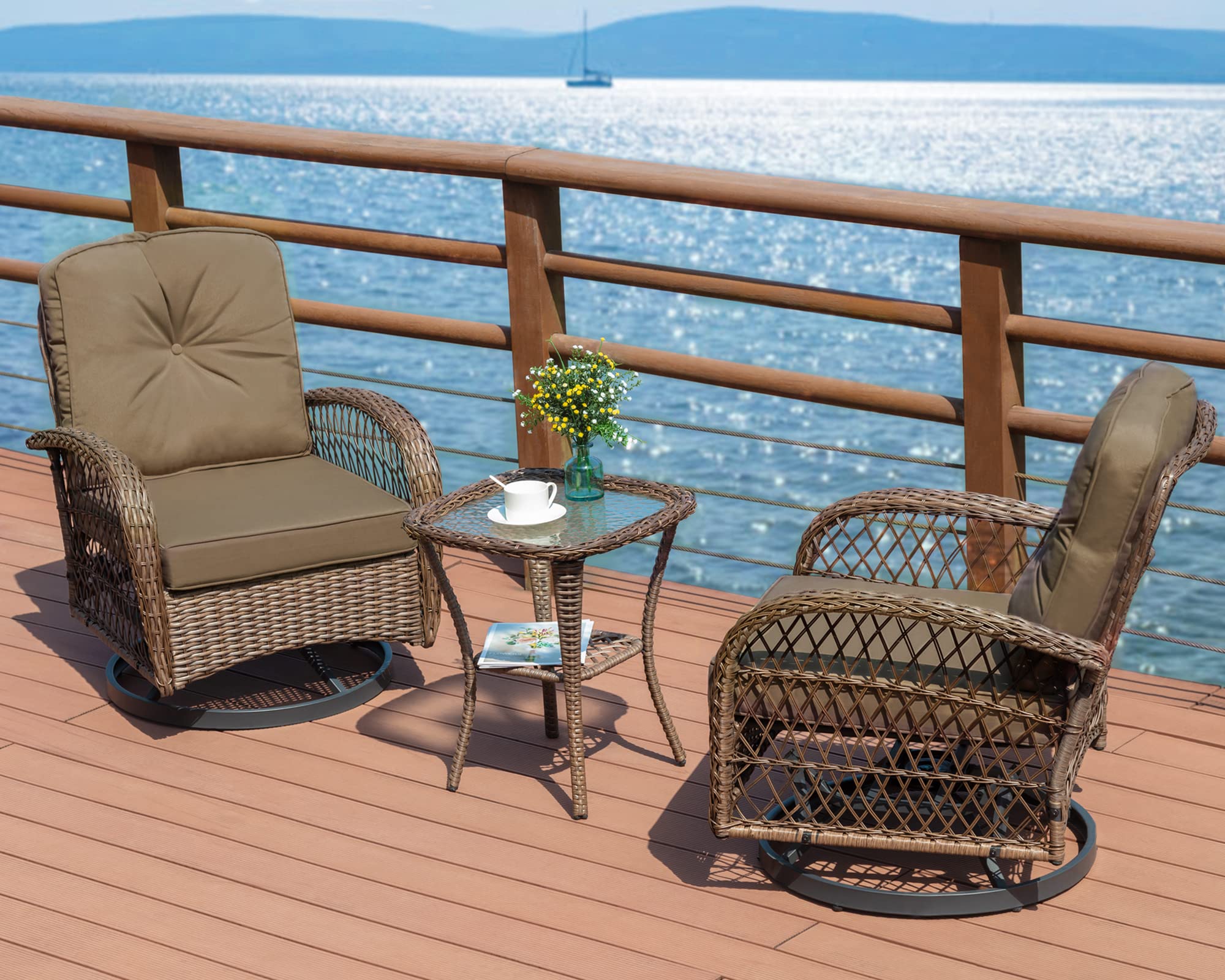 IMUsee Patio Furniture Set, 3 Pieces Swivel Rocking Chairs Outdoor Wicker Patio Bistro Set with Thick 4" Cushions, Brown & Khaki