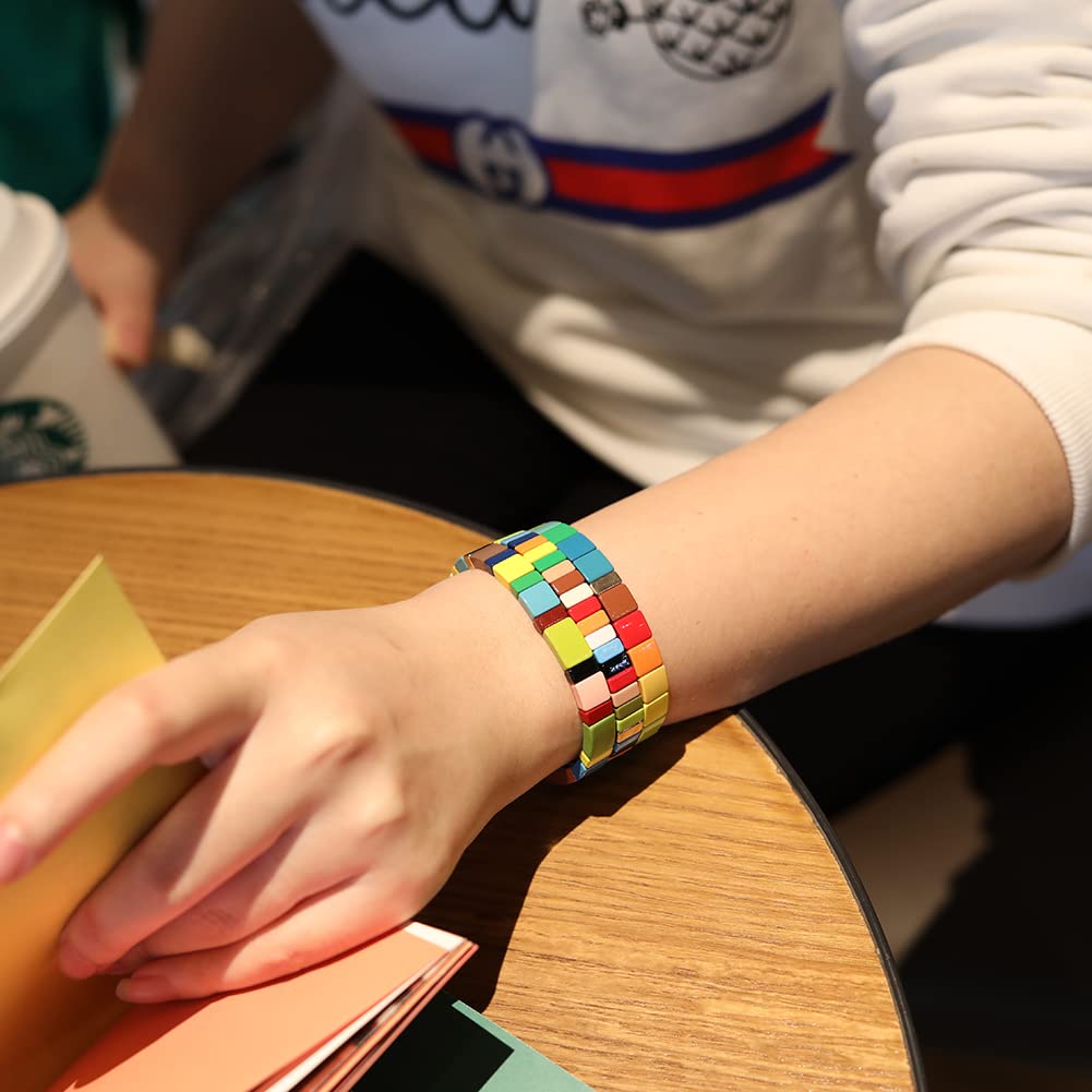 Coolcos Tile Bracelets Stackable Enamel Stretch Tile Bracelet Rainbow Colorblock Beads Bracelets Bohemian Strand Bracelets for Lady Women & Men (A Colorblock Stripe)