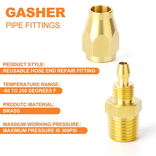 GASHER 5PCS Brass Pneumatic Replacement Fitting, Reusable Hose End Repair Fitting 1/4" Barb(Suitable for 1/4" ID,5/16" OD air hose) x 3/8" NPT Rigid